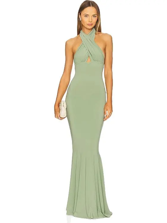 Norma Kamali Cross Halter Fishtail Gown - Green
