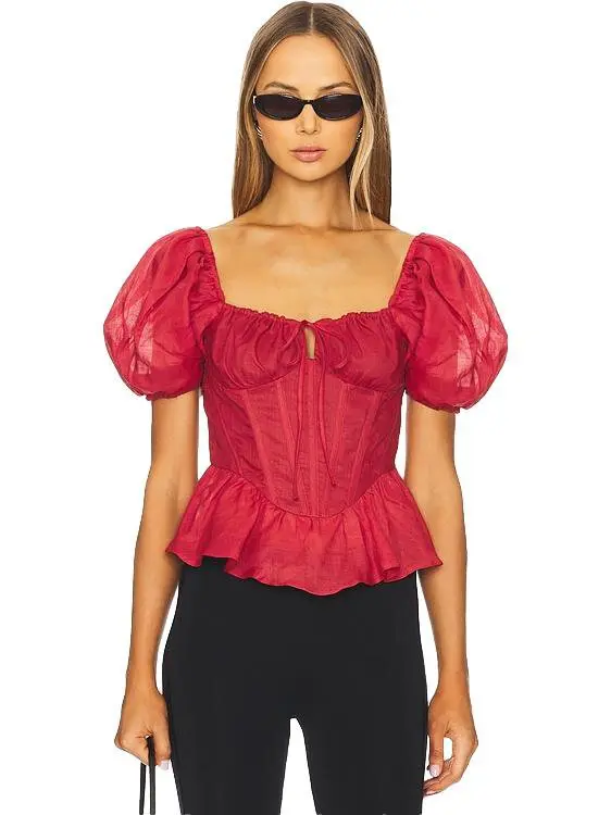 Bardot Esra Puff Sleeve Corset Top - Fire Red