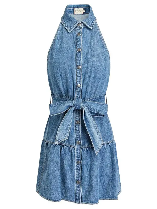 Alice + Olivia Belted Denim Halterneck Mini Dress - Mid Denim