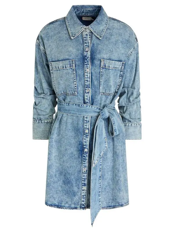 Alice + Olivia Belted Acid Wash Denim Mini Shirt Dress - Mid Denim