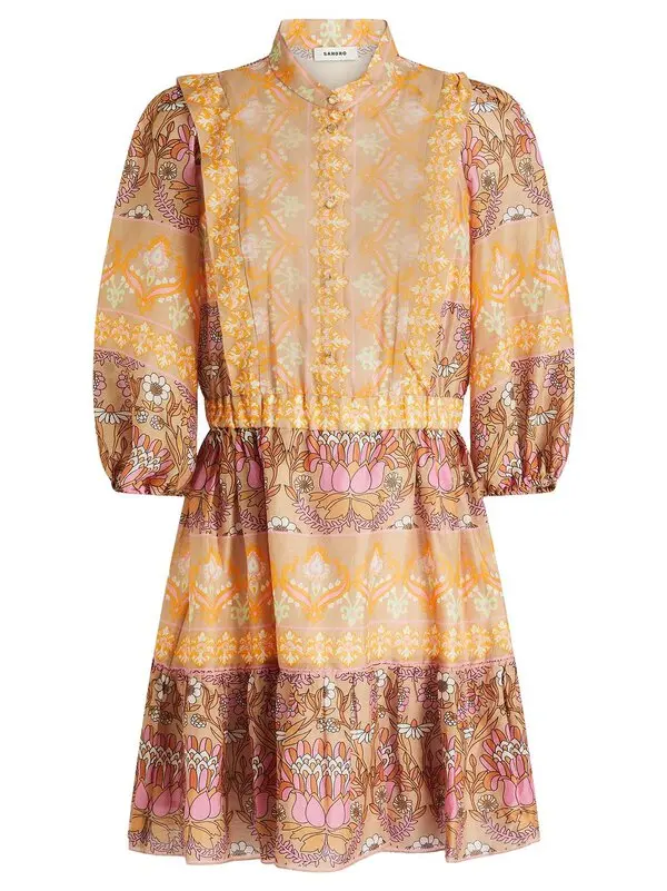 Sandro Printed Linen-blend Gauze Mini Dress - Taupe