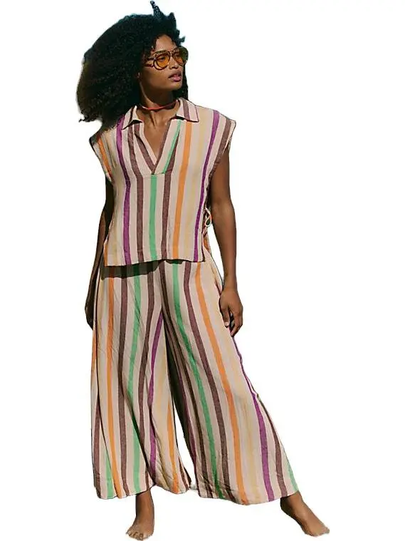 Free People Striped Collared V-neck Top And Wide-leg Pants Set - Sherbert Combo