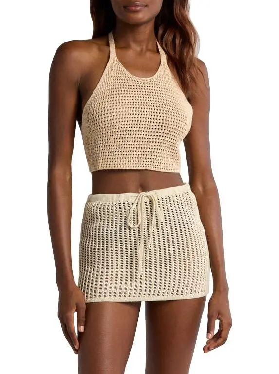 Elan Open Stitch Halter Crop Cover-up Top - Natural