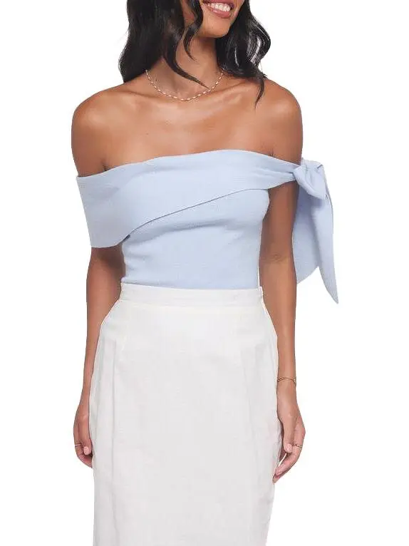 PETAL & PUP Charama Bow Detail Off-the-shoulder Knit Top - Blue