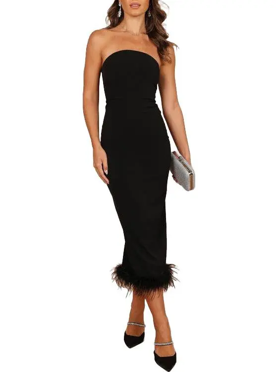 PETAL & PUP Clara Feather Trim Strapless Midi Dress - Black