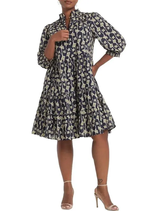 ESTELLE Sea Lily Tiered Cotton Dress - Navy/fern