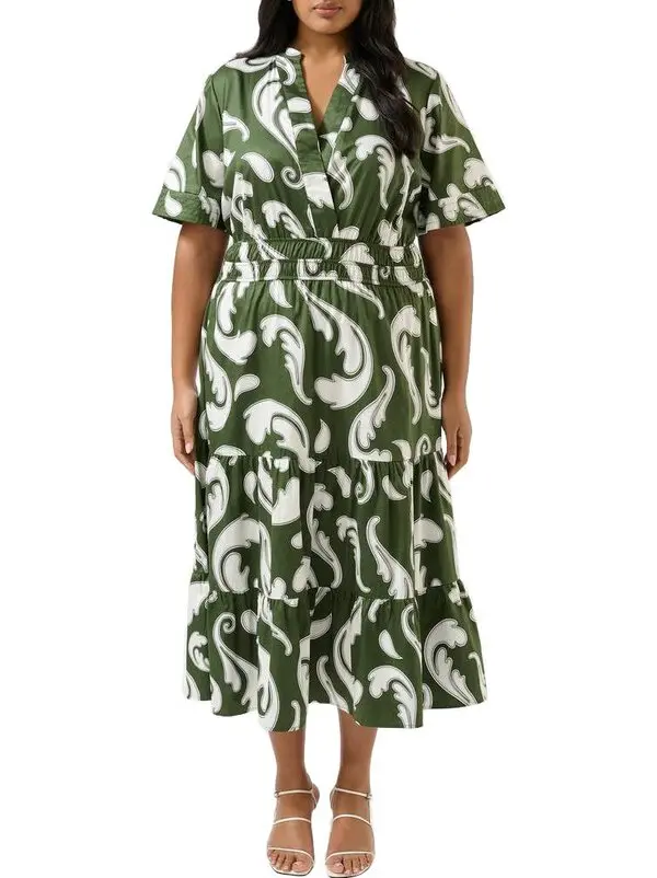 ESTELLE Sandswept Faux Wrap Midi Dress - Green Print