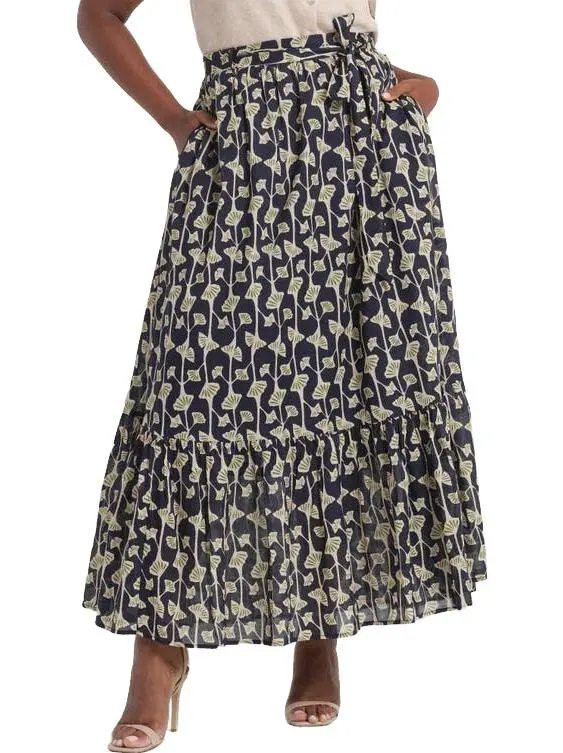 ESTELLE Sea Lily Belted Tiered Cotton Maxi Skirt - Navy/fern