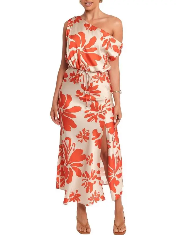 PETAL & PUP Ana Floral One-shoulder Satin Midi Dress - Red Floral