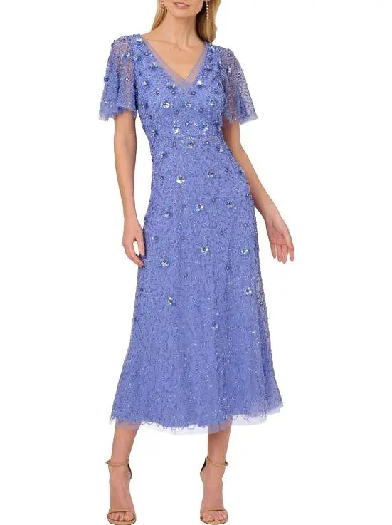 Adrianna Papell Beaded Mesh Cocktail Dress - Peri Blue