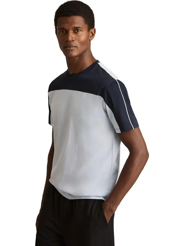 REISS Otis Mercerised-cotton Colour-block T-shirt - Soft Blue/navy