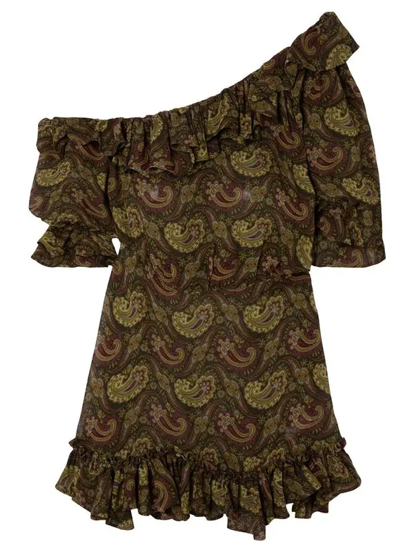 Saint Laurent One-shoulder Ruffled Paisley-print Mini Dress - Brown