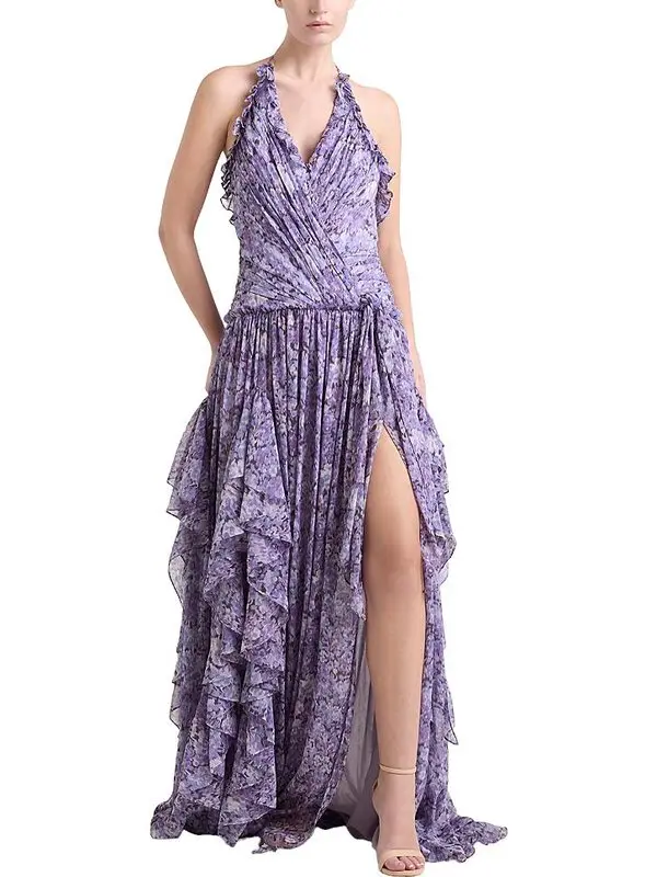 Cinq À Sept Painted Hydrangea Agatha Ruffle Gown - Lilac Wine