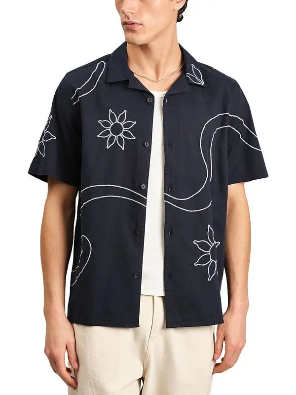 WAX LONDON Didcot Embroidered Camp Shirt - Navy