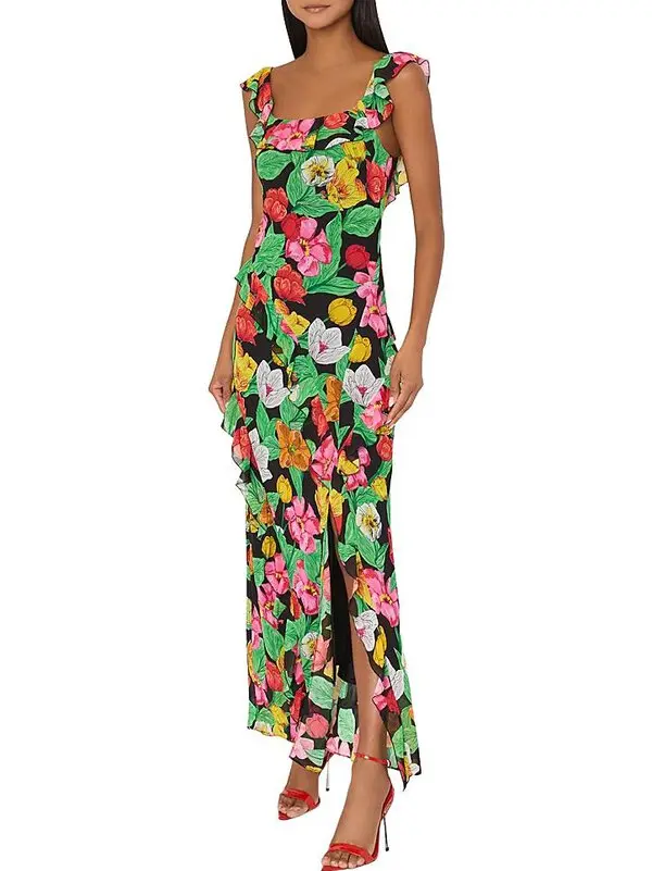 MILLY Tulip Rosette Ruffled Maxi Dress - Black Multi