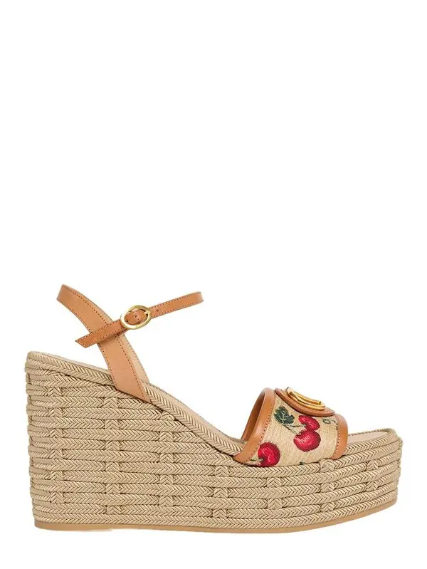 Valentino Garavani Vlogo Cherry Jacquard Raffia-wedge Espadrilles - Naturale/rosso