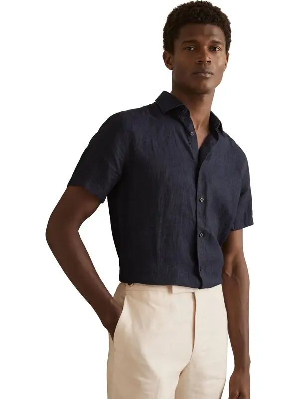 REISS Holiday Slim Fit Linen Button-through Shirt - Navy
