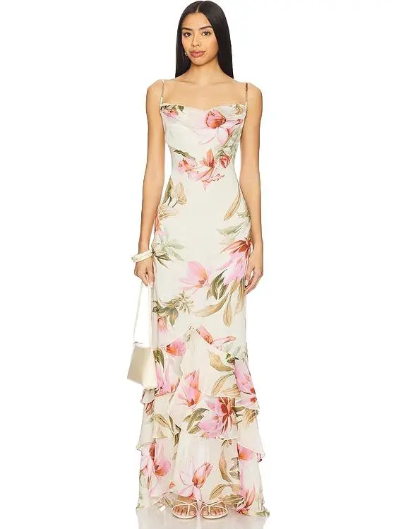 Rococo Sand Cowl High-low Maxi Dress - Cream Pink Multi
