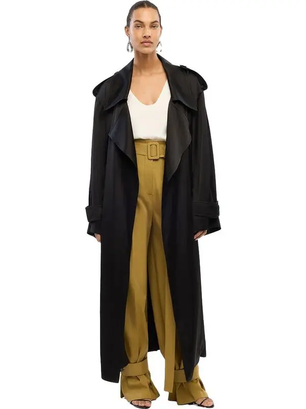 Another Tomorrow Satin Trench Coat - Black