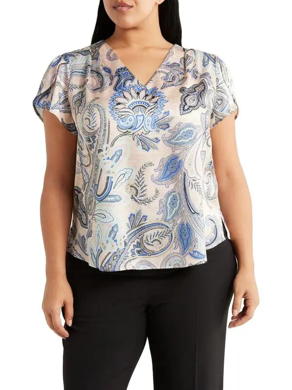 TAHARI ASL Print Tulip Sleeve Top - Sand Paisley
