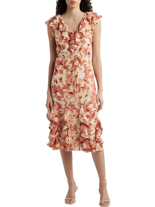 Chelsea28 Floral Print Ruffle Midi Dress - Beige- Red Ethereal Blooms