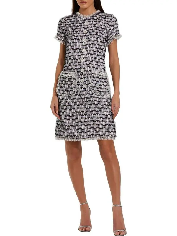 Mac Duggal Cap Sleeve Floral Tweed Shift Dress With Button Detail - Black Multi