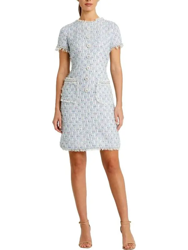 Mac Duggal Cap Sleeve Floral Tweed Shift Dress With Button Detail - Blue Multi