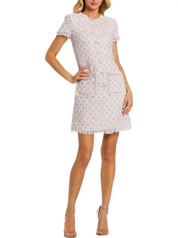 Mac Duggal Cap Sleeve Floral Tweed Shift Dress With Button Detail - Pink Multi