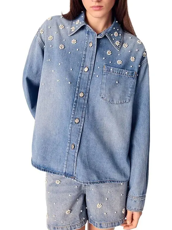 Maje Denim Shirt With Embroidered Beads - Blue