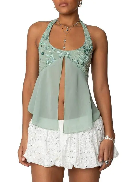 EDIKTED Floral Sequin Halter Top - Sage