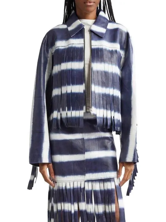 STAND STUDIO Charlotta Fringe Stripe Crop Leather Jacket - Ocean Tie Dye