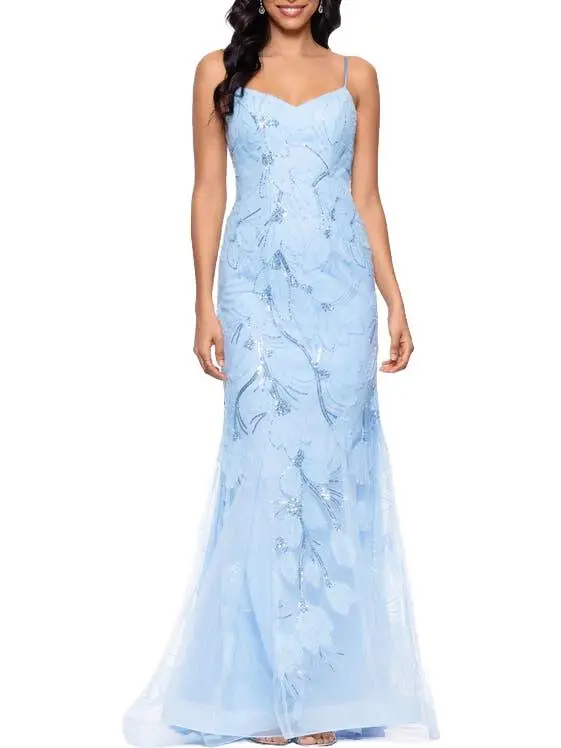 Betsy & Adam Embellished Floral Appliqué Mermaid Gown - Light Blue