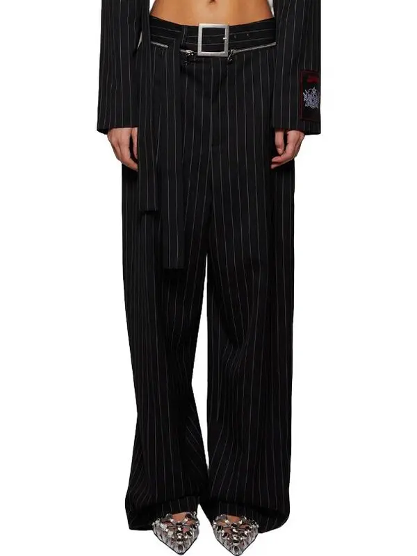 Jean Paul Gaultier Pinstripe Wool Belted Suit Pants - Black