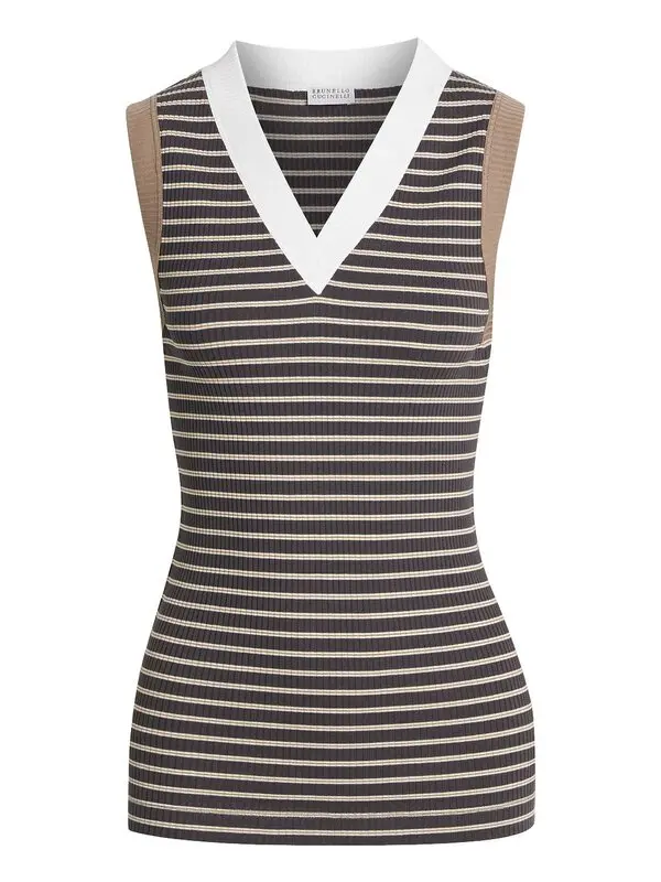 Brunello Cucinelli Bead-embellished Striped Top - Anthracite