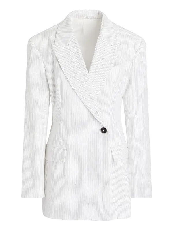 Brunello Cucinelli Pinstriped Linen-blend Blazer With Bead Embellishments - White