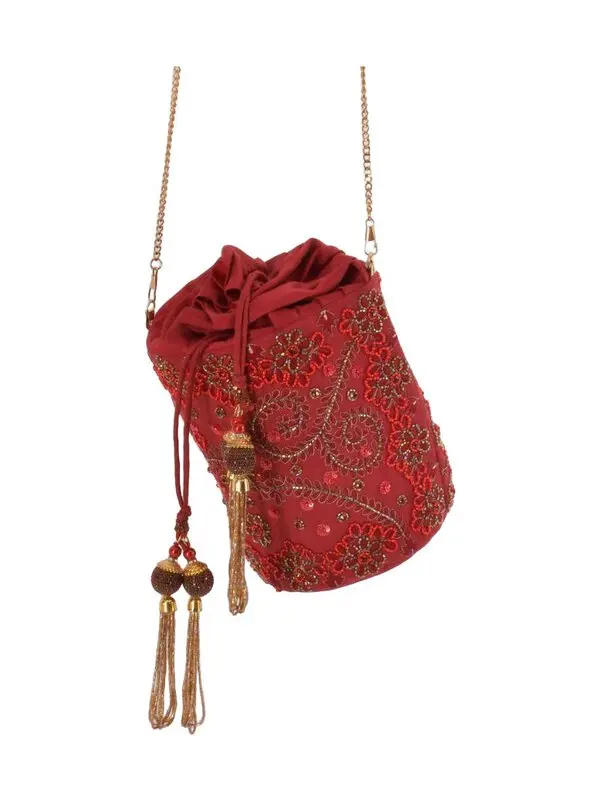 RAAS Embroidered Bucket Bag With Metallic Chain - Red