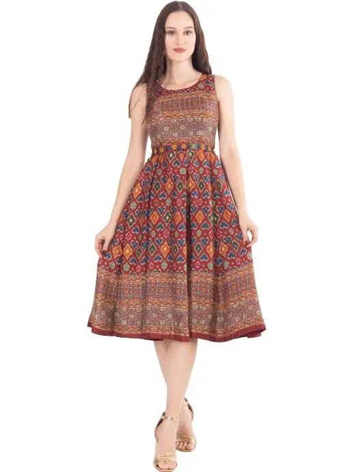 RAAS Russet Ajrakh Print Midi Dress With Embroidered Belt - Maroon