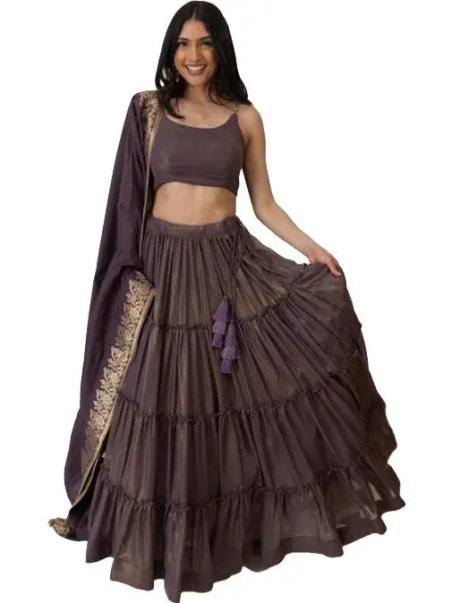 RAAS Gaia Shimmer Tiered Lehenga Choli Set - Brownish Purple