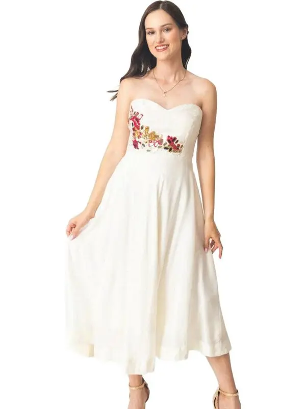 RAAS Mona Embroidered Strapless Midi Dress - Off-white