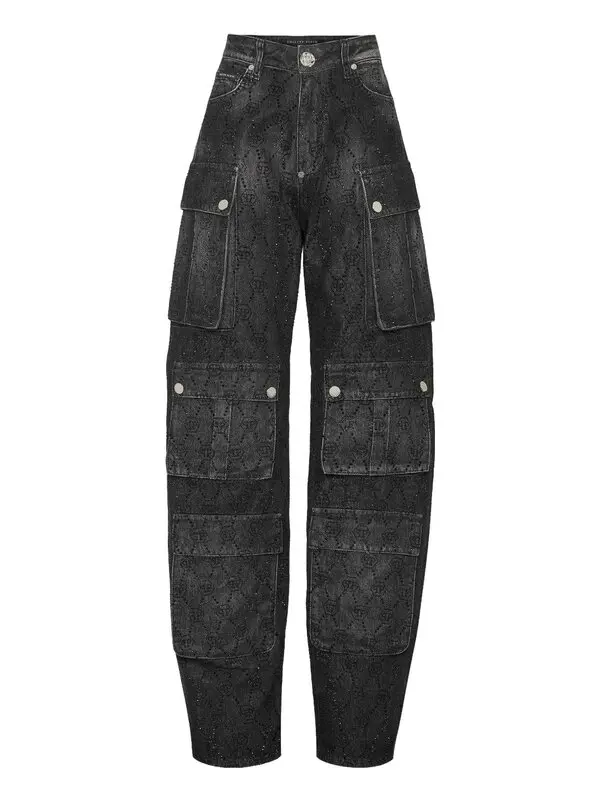 Philipp Plein Monogram Strass Cargo Jeans - Black