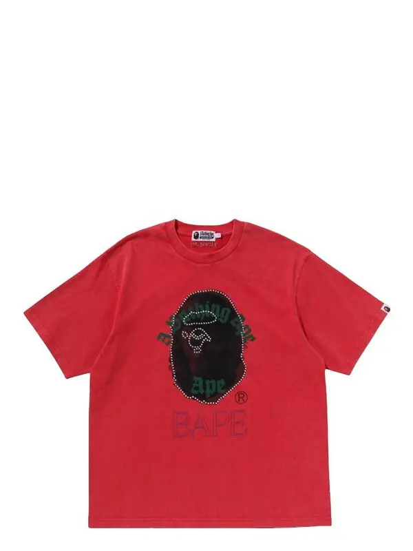 A BATHING APE Garment Dye Rhinestone Ape Head Relaxed Fit Tee Shirt - Red
