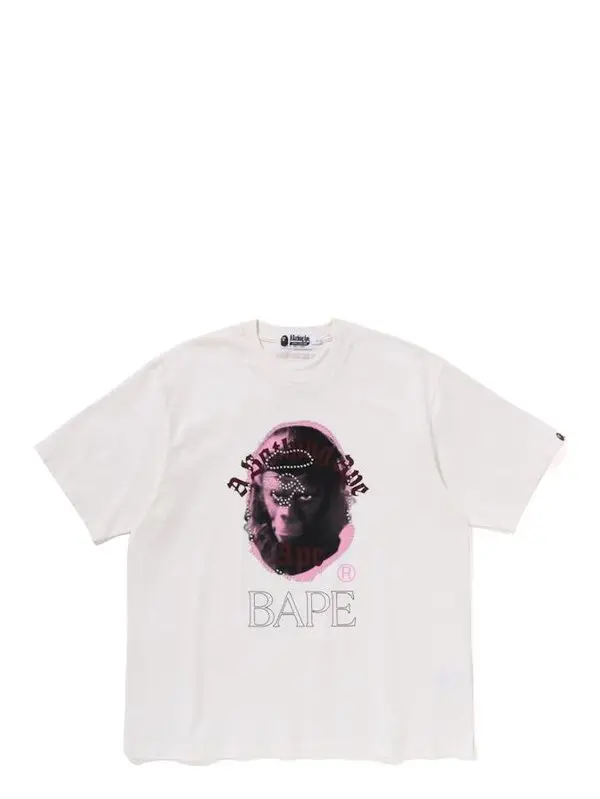 BAPE Garment Dye Rhinestone Ape Head Relaxed Fit Tee Shirt - Ivory