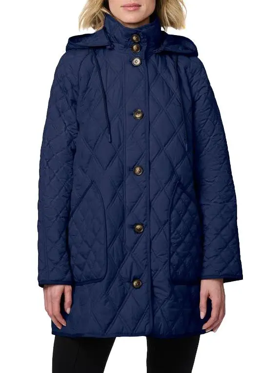 Bernardo Diamond Quilted Hooded Liner Jacket - Navy