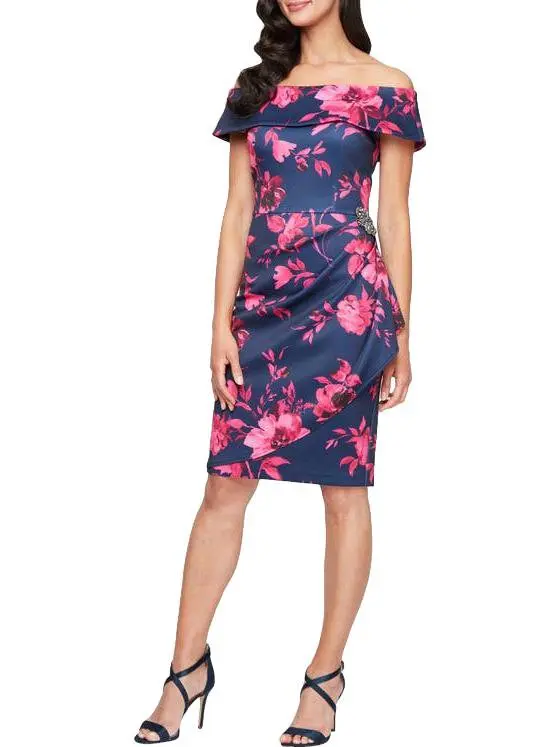 Alex Evenings Floral Off The Shoulder Stretch Scuba Crepe Cocktail Dress - Navy/ Fushia