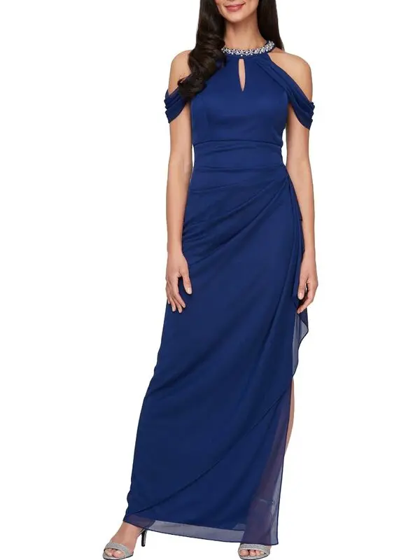 Alex Evenings Beaded Neck Cold Shoulder Mesh Sheath Gown - Electric/ Blue