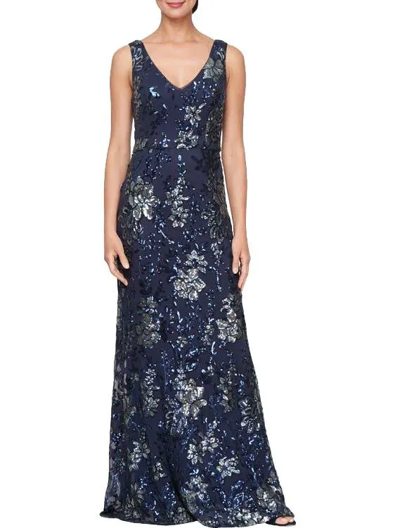 Alex Evenings Sequin Floral A-line Gown - Navy