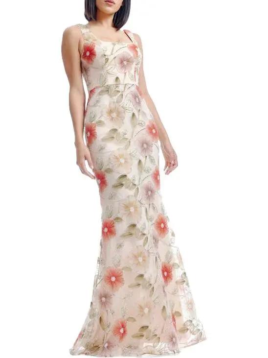 Dress The Population Tyra Floral Print Metallic Gown - Champagne Multi