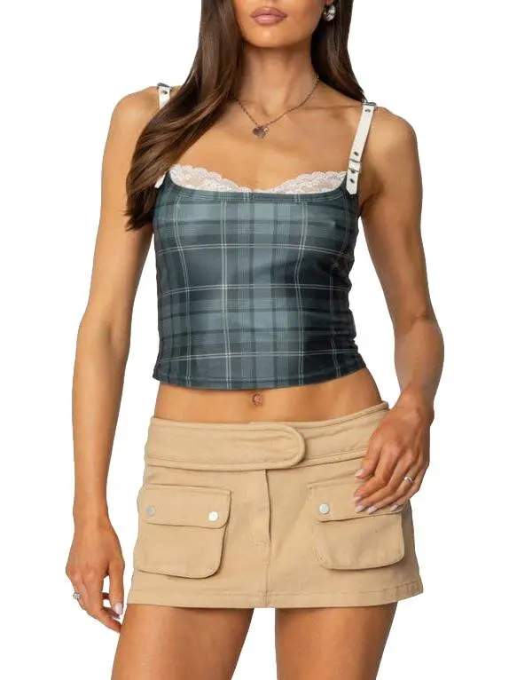 EDIKTED Lace Detail Plaid Mesh Crop Top - Green
