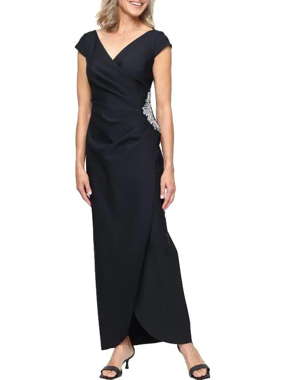 Alex Evenings Ruched Beaded Gown - Black