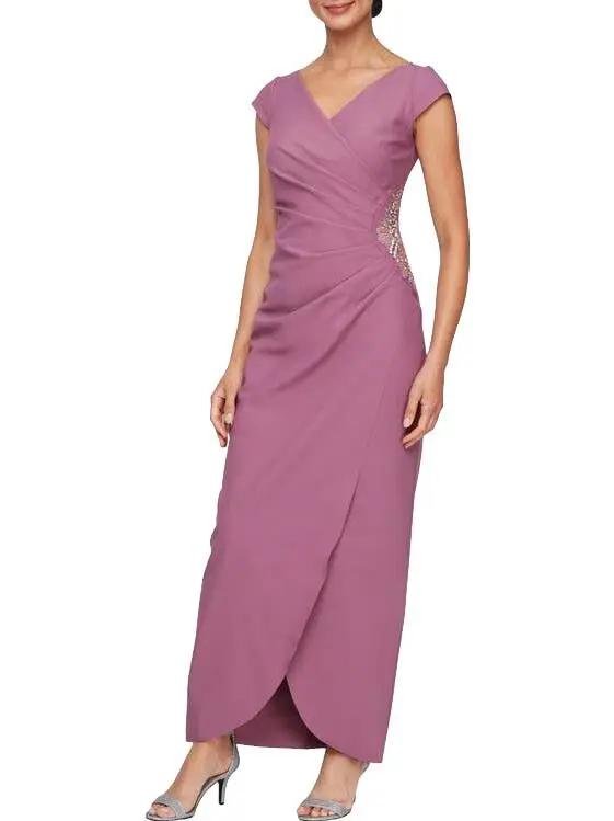 Alex Evenings Ruched Beaded Gown - Dark Mauve